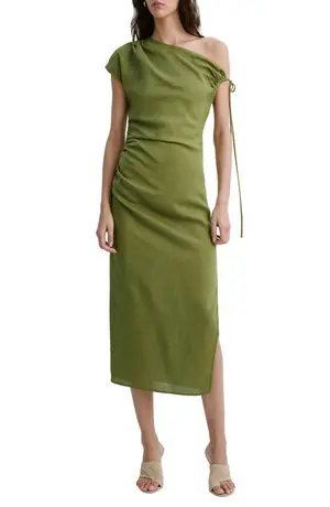 Mango One-shoulder Midi Dress - Green