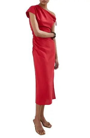 Mango Side Ruched One-shoulder Midi Dress - Red