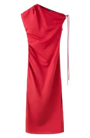 Mango Side Ruched One-shoulder Midi Dress - Red
