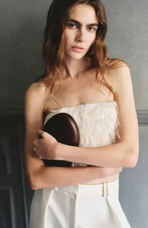 Mango Textured Fringe Strapless Crop Top