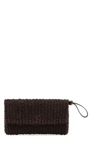 Mango Woven Raffia Pouch With Beaded Wristlet - Chocolate