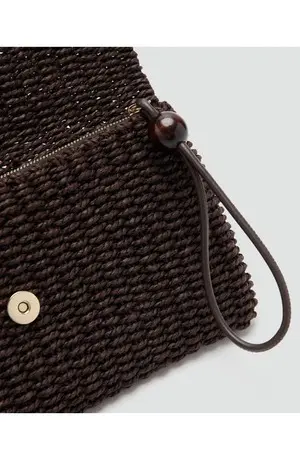 Mango Woven Raffia Pouch With Beaded Wristlet