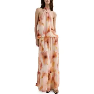 Mango Abstract Print Halter Maxi Dress - Peach