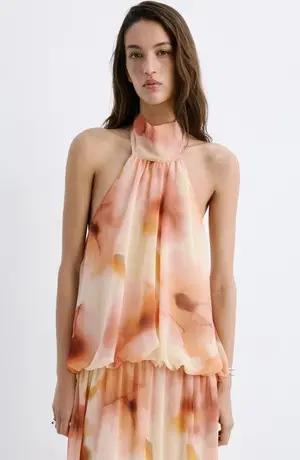 Mango Abstract Print Halter Maxi Dress