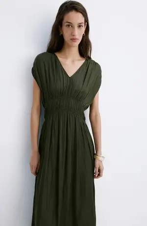 Mango Gathered Waist V-neck Midi Dress