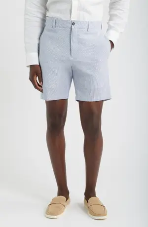 Berle Flat Front Mini Cotton Seersucker Shorts - Navy