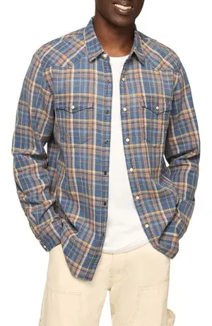 Lucky Brand Plaid Cotton Twill Snap-up Western Shirt - Navy Multi