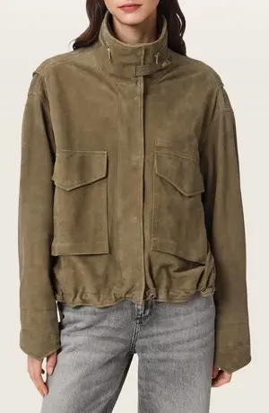 ALLSAINTS Clay Suede Jacket With Stand Collar And Drawstring Hem - Olive Green