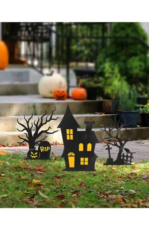 GLITZHOM Set Of 3 Halloween Metal Haunted House Yard Stake