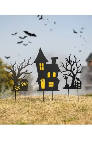 GLITZHOM Set Of 3 Halloween Metal Haunted House Yard Stake