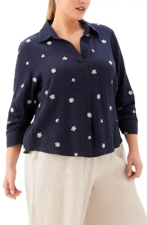 Karen Kane Embroidered Ruched Sleeve Shirt