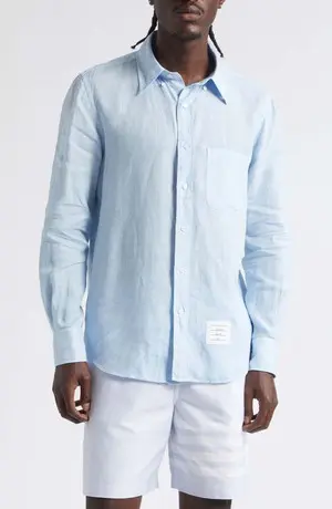 Thom Browne Straight Fit Garment Dye Linen Button-down Shirt - Light Blue