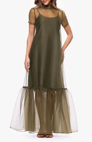 XSCAPE EVENINGS Organza Overlay Gown - Olive
