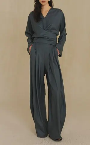 CORTANA Ahora Pleated Wool Wide Leg Pants