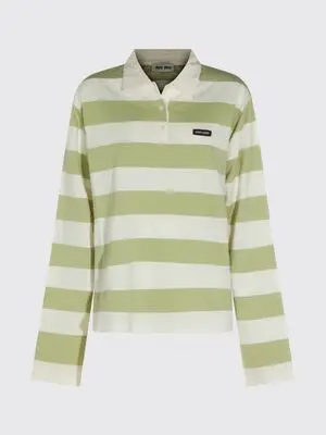 Miu Miu Striped Cotton Long Sleeve Polo Shirt - Green