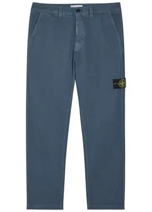 Stone Island Logo-appliquéd Herringbone Cotton Trousers - Blue Dark