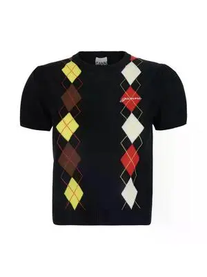 GANNI Argyle Pattern Logo Embroidered T-shirt