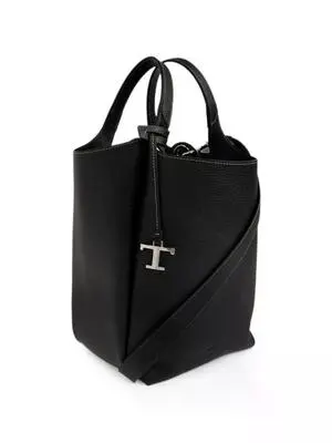 TOD'S Grained Leather Bucket Bag With Logo Plaque - Black