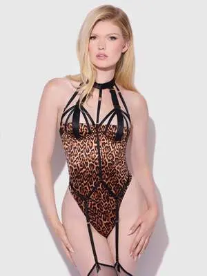 Frederick's Of Hollywood Raven Strappy Crotchless & Backless Teddy - Leopard/black