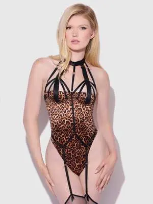 Frederick's Of Hollywood Raven Strappy Crotchless & Backless Teddy - Leopard/black