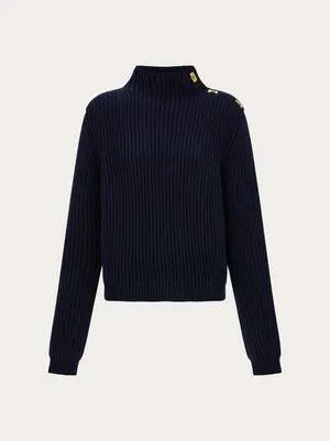 FERRAGAMO Knitted Sweater With Gancini Button Detail - Blue