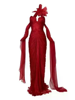 IRIS SERBAN Ruched Floral Appliqué Maxi Gown