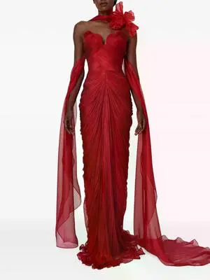 IRIS SERBAN Ruched Floral Appliqué Maxi Gown