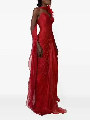 IRIS SERBAN Ruched Floral Appliqué Maxi Gown