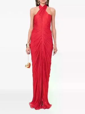 ANA RADU Ruched Halterneck Maxi Gown - Red