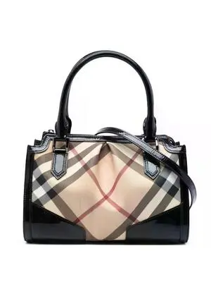 Burberry 2000-2017 Patent Trimmed Supernova Check Coated Canvas Madison Satchel - Black