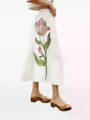 Farm Rio Embroidered Linen Midi Skirt - White