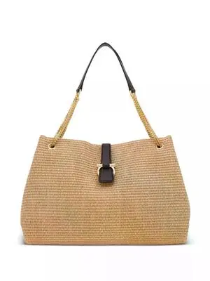 FERRAGAMO Mia Raffia Tote Bag With Gancini Buckle - Neutrals