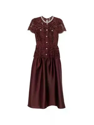 SELF-PORTRAIT Lace-panelled Belted Midi Dress - Brown