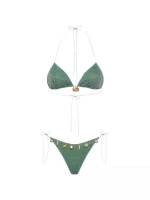 Oseree Shell-embellished Glitter Bikini - Green