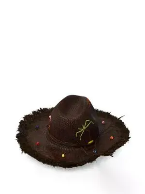 THE HAT GANG Bead-embellished Frayed-edge Hat - Brown