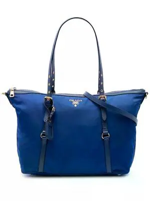 Prada 2007-2026 Saffiano Trimmed Tessuto Zip Top Convertible Tote Satchel - Blue