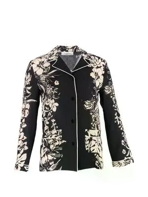 Valentino Garavani Floral-print Cuban-collar Shirt - Black