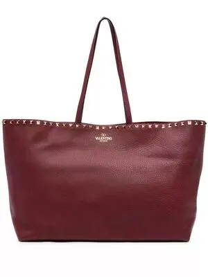 Valentino Garavani 2018-2026 Large Grained Calfskin Rockstud Shopper Tote Bag - Red