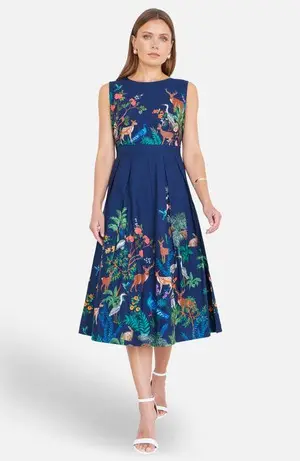YUMI Animal Print Cotton Midi Skater Dress - Navy