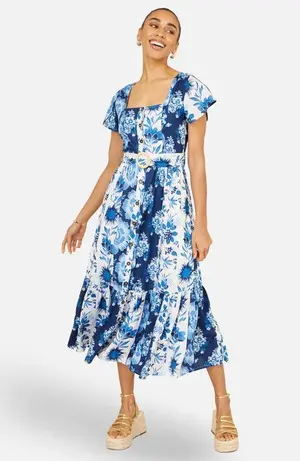 YUMI Floral Belted Midi Dress