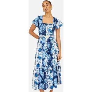 YUMI Floral Belted Midi Dress - Blue