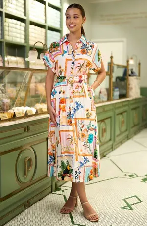 YUMI Tropical Postcard Print Midi Shirt Dress