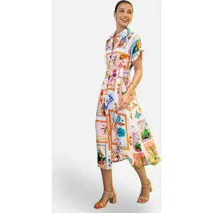YUMI Tropical Postcard Print Midi Shirt Dress - Ivory