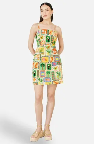 YUMI Postcard Print Mini Sun Dress