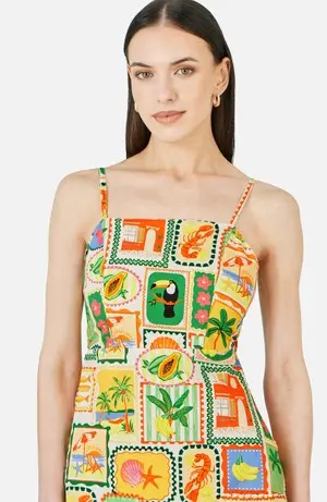 YUMI Postcard Print Mini Sun Dress