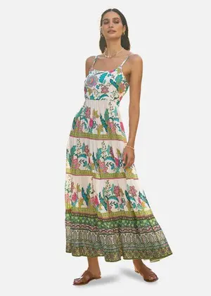 YUMI Floral Block Print Tiered Maxi Sun Dress - Ivory