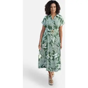 YUMI Leaf Print Midi Shirt Dress - Green
