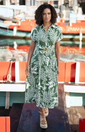 YUMI Leaf Print Midi Shirt Dress