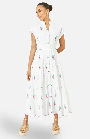 YUMI Broderie Anglaise Embroidered Midi Dress - White