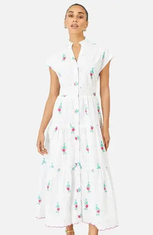 YUMI Broderie Anglaise Embroidered Midi Dress